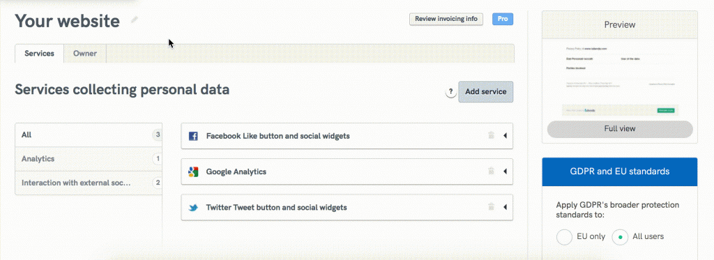 Customize Privacy and Cookie Policy internal links | iubenda